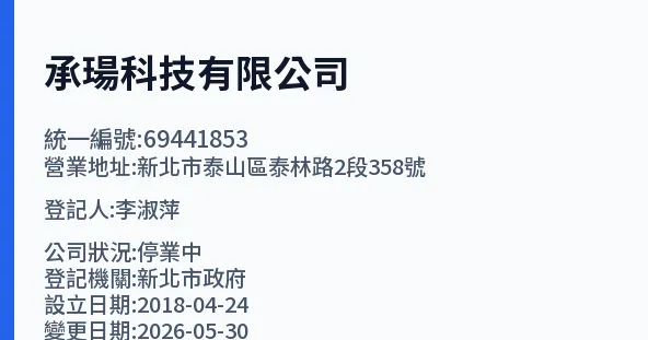 承瑒科技有限公司的照片-統編 69441853(新北市) 公司登記資料與營業項目詳細圖表
