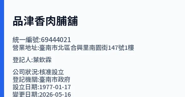 品津香肉脯舖的照片-統編 69444021(臺南市) 公司登記資料與營業項目詳細圖表