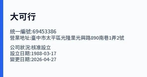 大可行的照片-統編 69453386(臺中市) 公司登記資料與營業項目詳細圖表