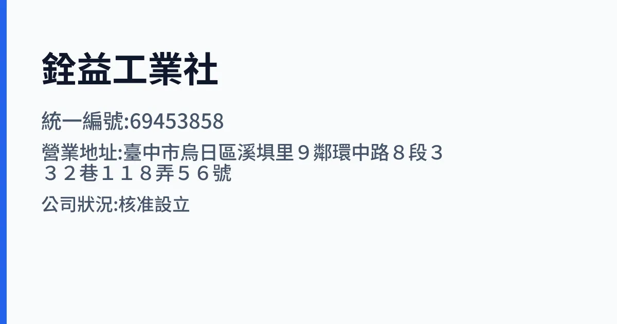 銓益工業社 - 統編 69453858(臺中市) 公司登記資料與營業項目詳細圖表
