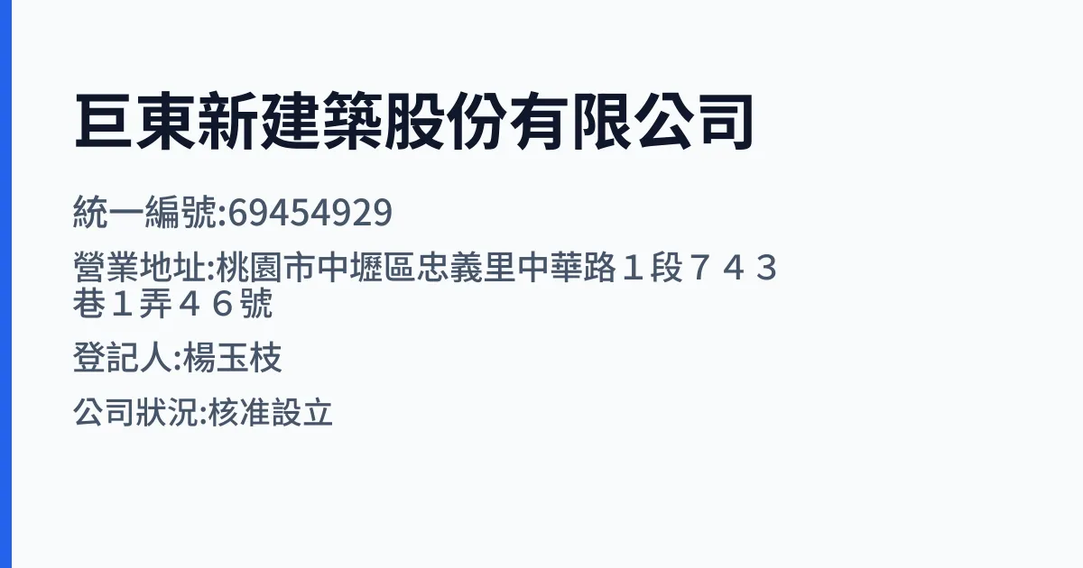 巨東新建築股份有限公司 - 統編 69454929(桃園市) 公司登記資料與營業項目詳細圖表
