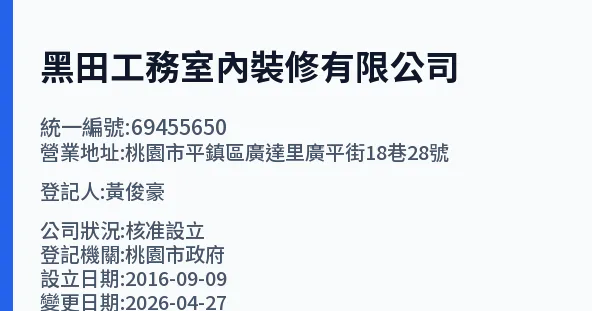 黑田工務室內裝修有限公司的照片-統編 69455650(桃園市) 公司登記資料與營業項目詳細圖表