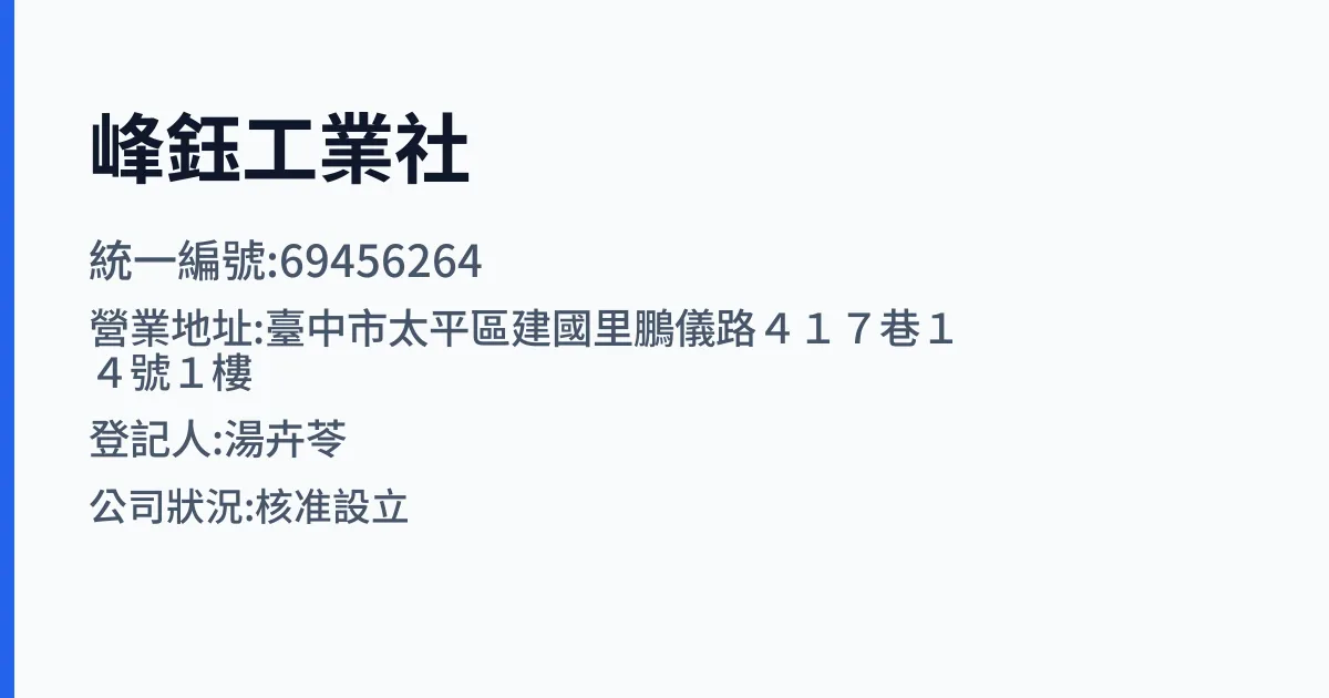 峰鈺工業社 - 統編 69456264(臺中市) 公司登記資料與營業項目詳細圖表