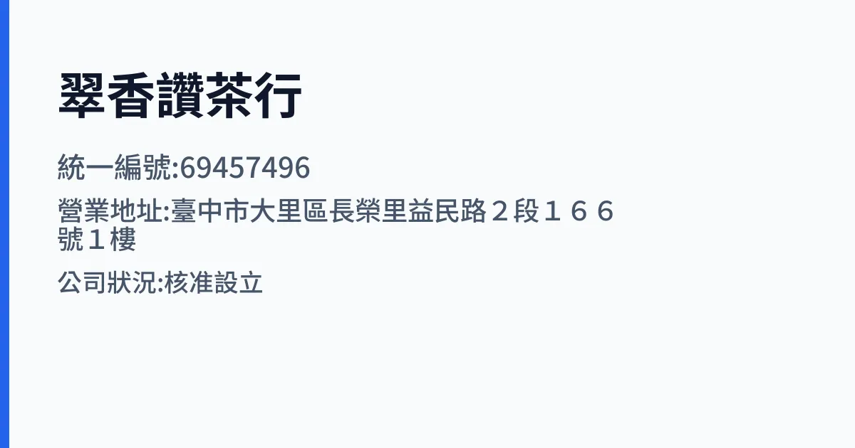 翠香讚茶行 - 統編 69457496(臺中市) 公司登記資料與營業項目詳細圖表