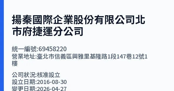 揚秦國際企業股份有限公司北市府捷運分公司的照片-統編 69458220(臺北市) 公司登記資料與營業項目詳細圖表