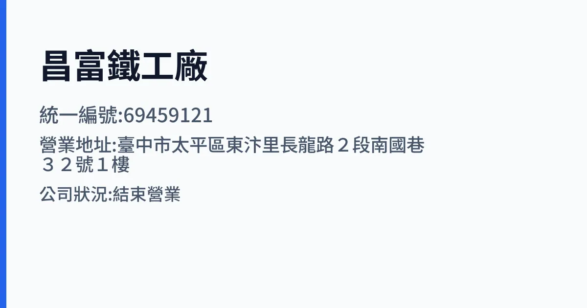 昌富鐵工廠 - 統編 69459121(臺中市) 公司登記資料與營業項目詳細圖表