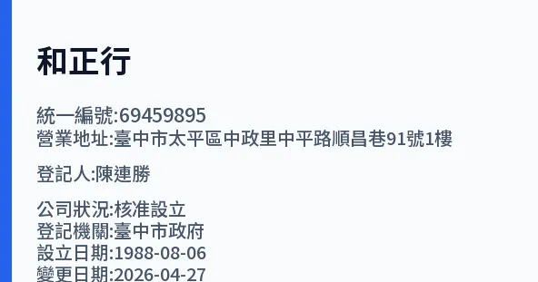 和正行的照片-統編 69459895(臺中市) 公司登記資料與營業項目詳細圖表