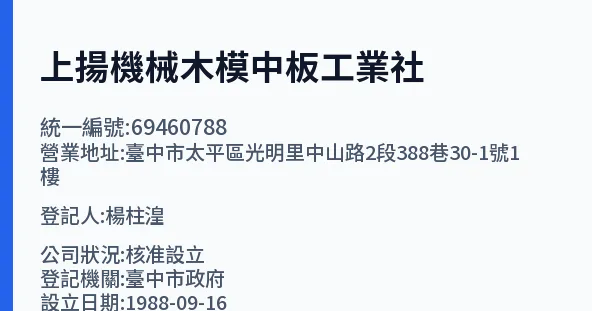 上揚機械木模中板工業社的照片-統編 69460788(臺中市) 公司登記資料與營業項目詳細圖表