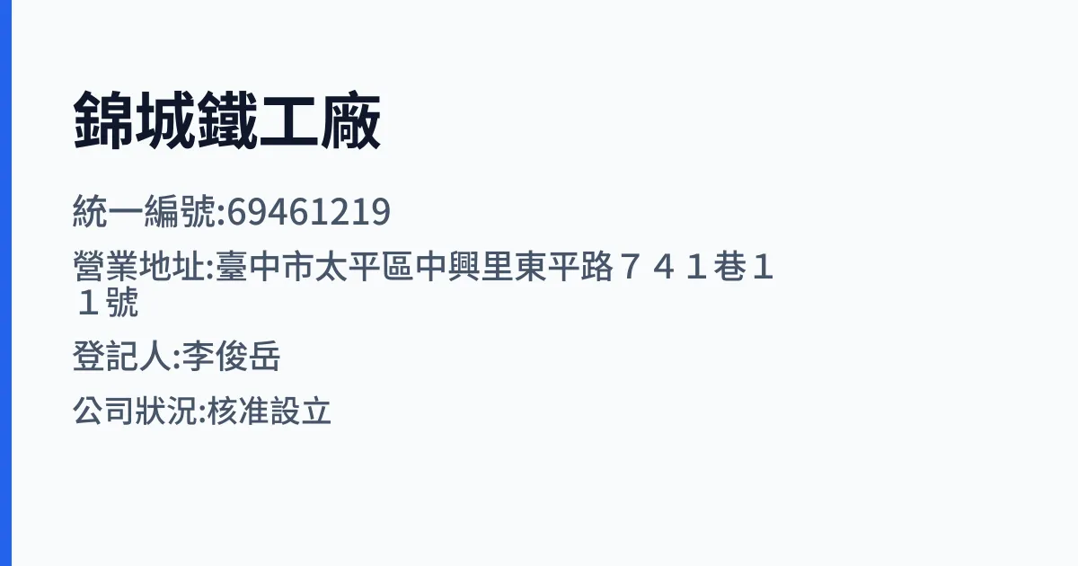 錦城鐵工廠 - 統編 69461219(臺中市) 公司登記資料與營業項目詳細圖表