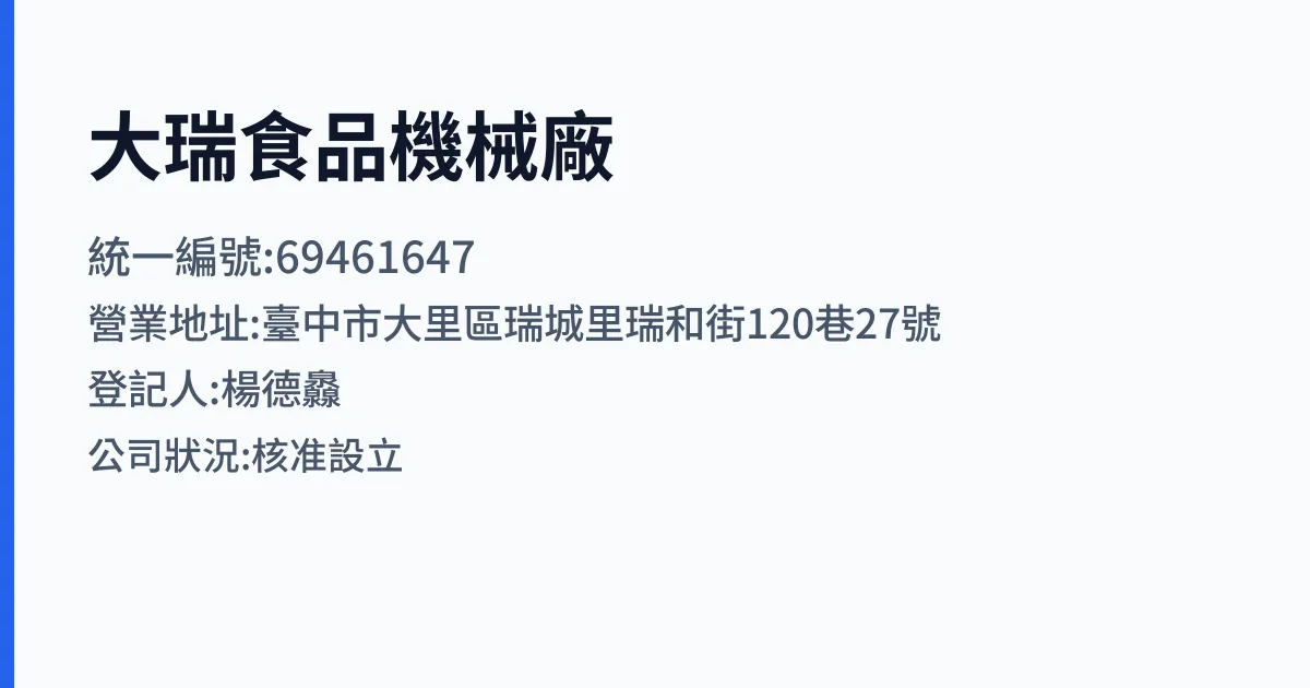 大瑞食品機械廠 - 統編 69461647(臺中市) 公司登記資料與營業項目詳細圖表