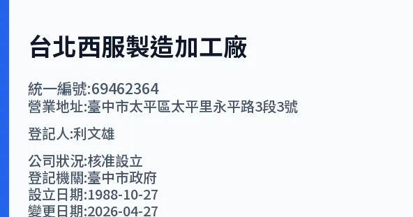 台北西服製造加工廠的照片-統編 69462364(臺中市) 公司登記資料與營業項目詳細圖表