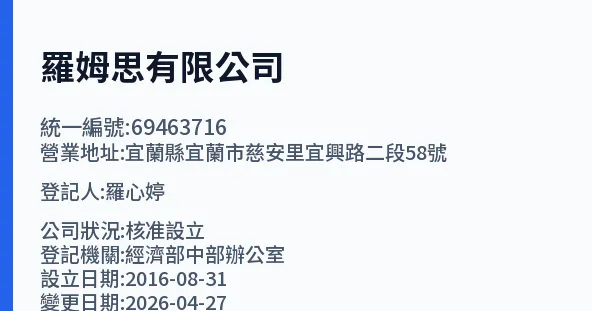 羅姆思有限公司的照片-統編 69463716(宜蘭縣) 公司登記資料與營業項目詳細圖表