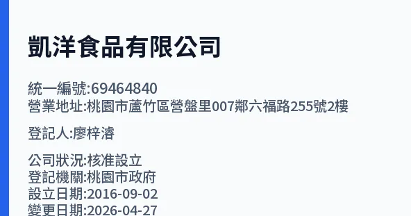 凱洋食品有限公司的照片-統編 69464840(桃園市) 公司登記資料與營業項目詳細圖表