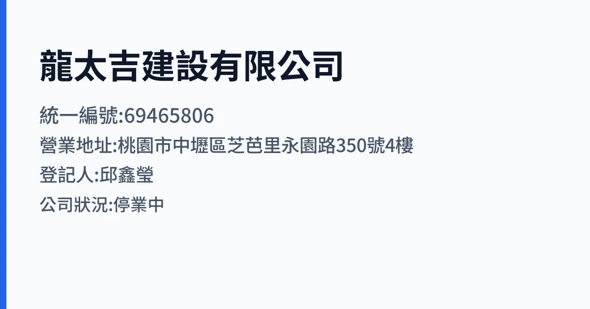 龍太吉建設有限公司 - 統編 69465806(桃園市) 公司登記資料與營業項目詳細圖表