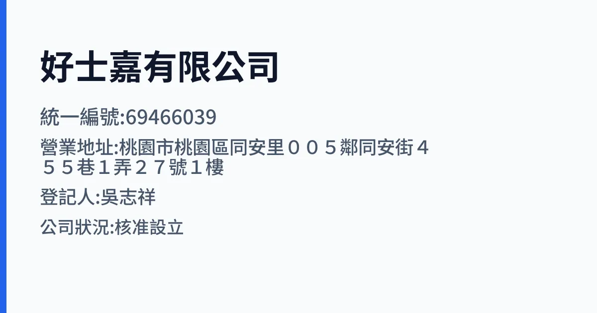 好士嘉有限公司 - 統編 69466039(桃園市) 公司登記資料與營業項目詳細圖表