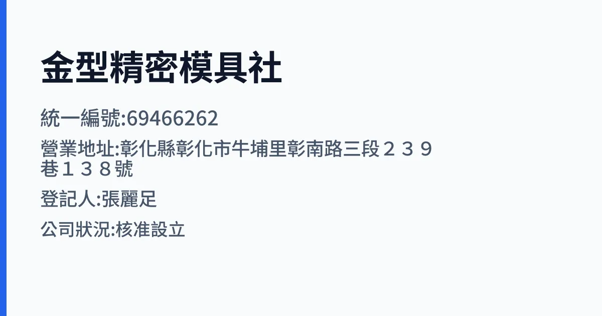 金型精密模具社 - 統編 69466262(彰化縣) 公司登記資料與營業項目詳細圖表
