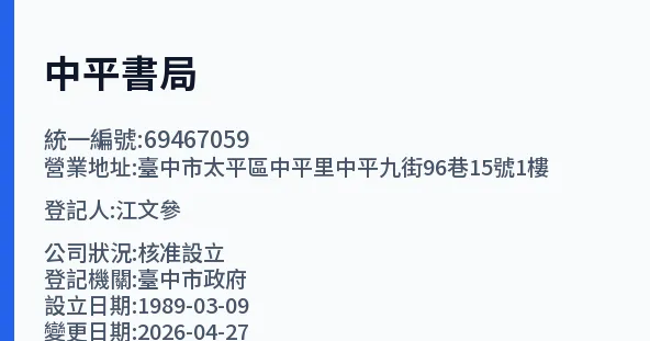 中平書局的照片-統編 69467059(臺中市) 公司登記資料與營業項目詳細圖表