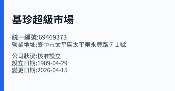 基珍超級市場的照片-統編 69469373(臺中市) 公司登記資料與營業項目詳細圖表