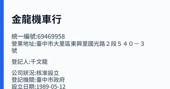 金龍機車行的照片-統編 69469958(臺中市) 公司登記資料與營業項目詳細圖表