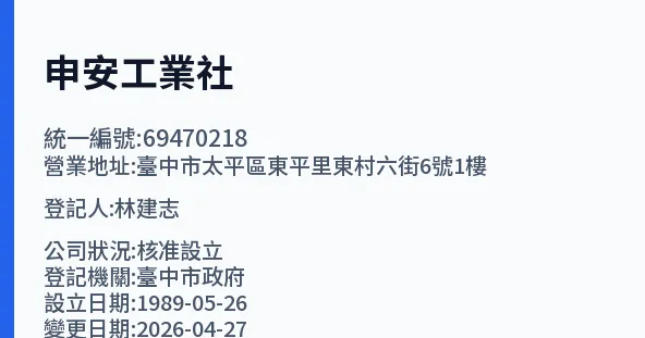 申安工業社的照片-統編 69470218(臺中市) 公司登記資料與營業項目詳細圖表
