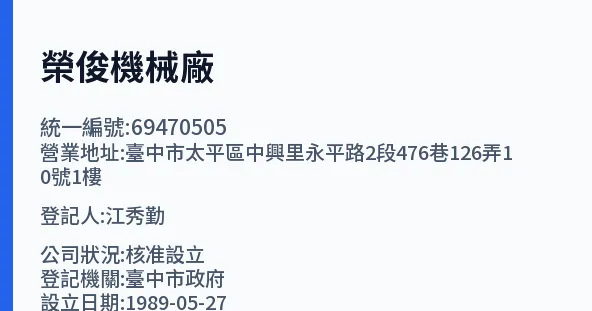 榮俊機械廠的照片-統編 69470505(臺中市) 公司登記資料與營業項目詳細圖表