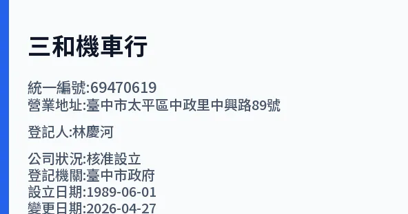 三和機車行的照片-統編 69470619(臺中市) 公司登記資料與營業項目詳細圖表