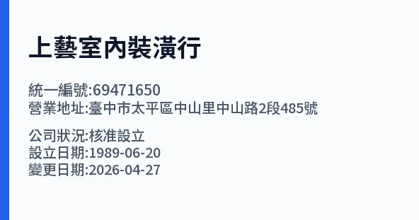 上藝室內裝潢行的照片-統編 69471650(臺中市) 公司登記資料與營業項目詳細圖表