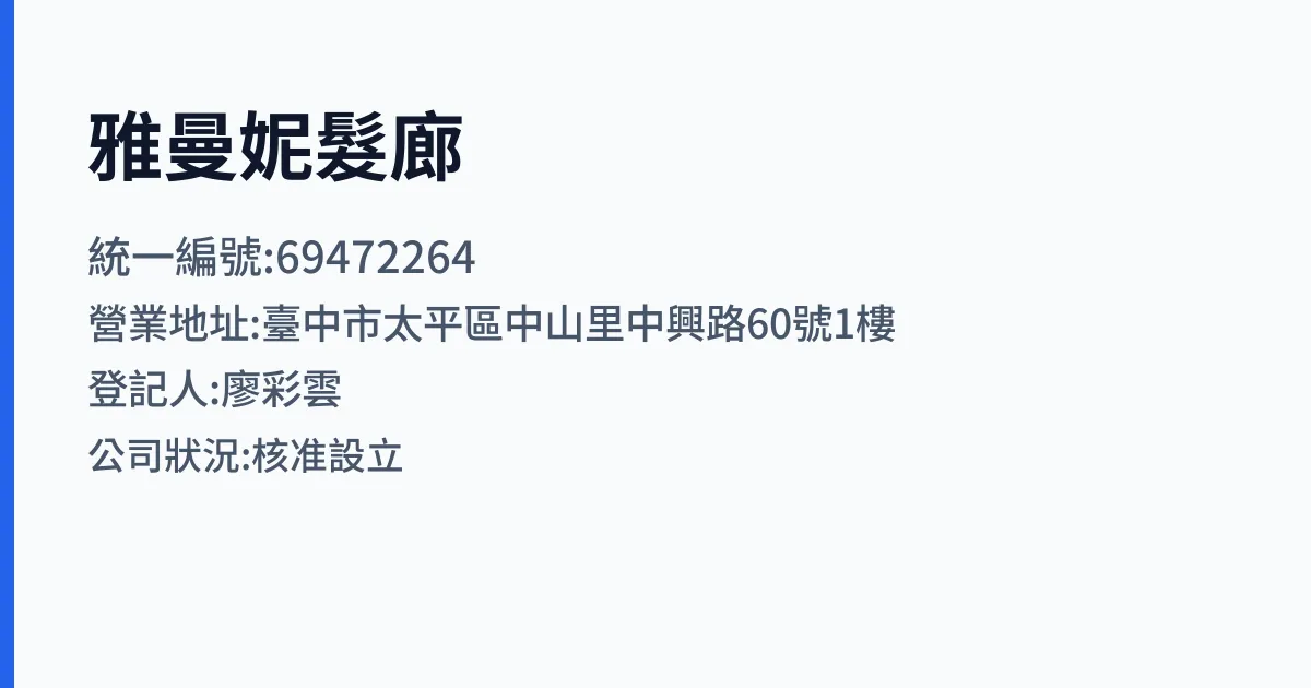雅曼妮髮廊 - 統編 69472264(臺中市) 公司登記資料與營業項目詳細圖表