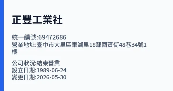 正豐工業社的照片-統編 69472686(臺中市) 公司登記資料與營業項目詳細圖表