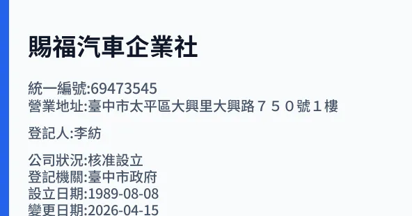 賜福汽車企業社的照片-統編 69473545(臺中市) 公司登記資料與營業項目詳細圖表
