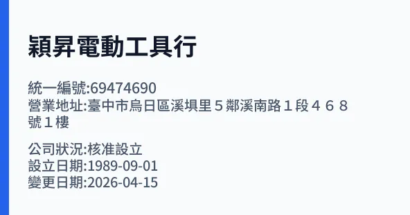 穎昇電動工具行的照片-統編 69474690(臺中市) 公司登記資料與營業項目詳細圖表