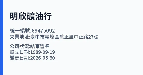 明欣礦油行的照片-統編 69475092(臺中市) 公司登記資料與營業項目詳細圖表