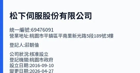 松下伺服股份有限公司的照片-統編 69476091(桃園市) 公司登記資料與營業項目詳細圖表