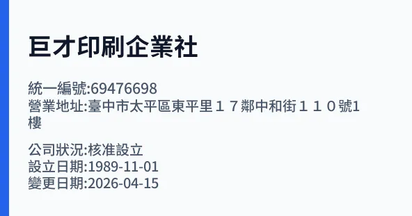 巨才印刷企業社的照片-統編 69476698(臺中市) 公司登記資料與營業項目詳細圖表