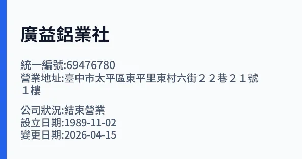 廣益鋁業社的照片-統編 69476780(臺中市) 公司登記資料與營業項目詳細圖表