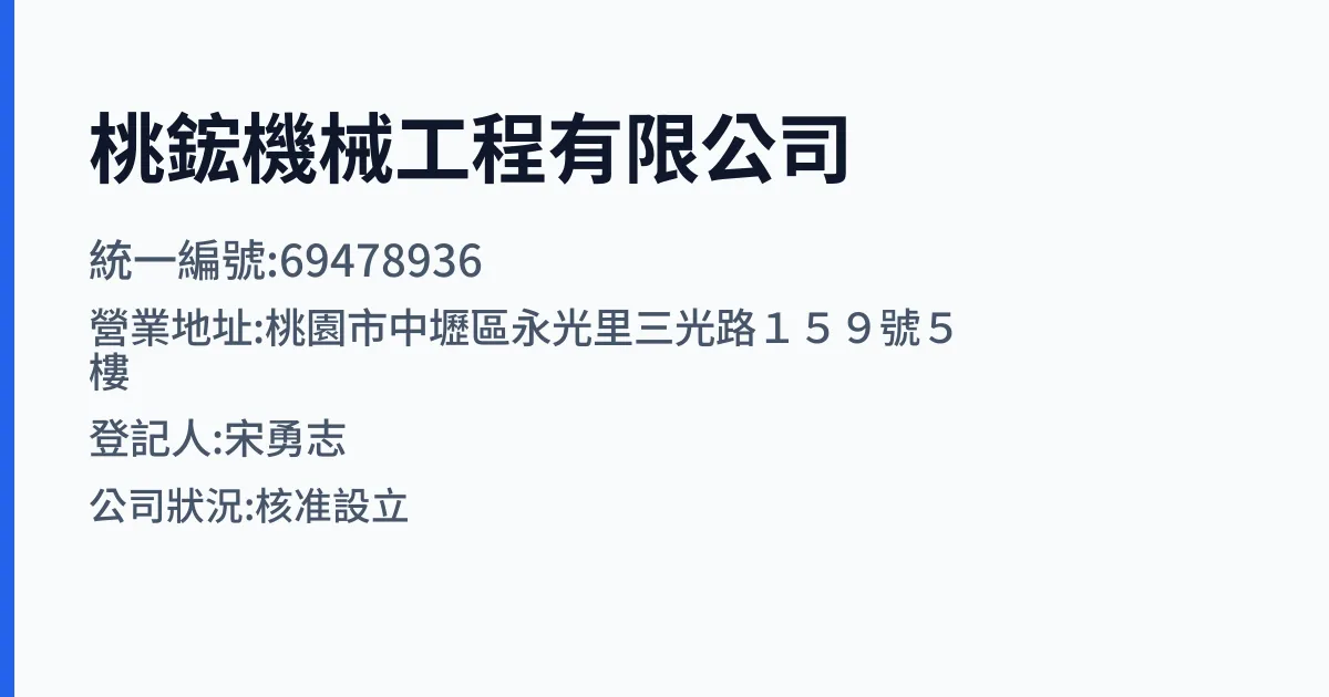 桃鋐機械工程有限公司 - 統編 69478936(桃園市) 公司登記資料與營業項目詳細圖表