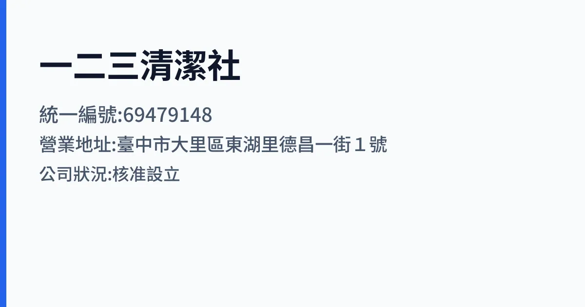 一二三清潔社 - 統編 69479148(臺中市) 公司登記資料與營業項目詳細圖表