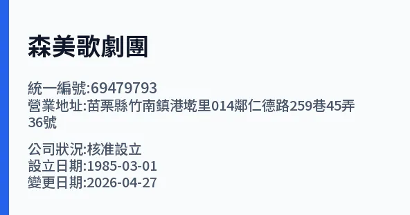 森美歌劇團的照片-統編 69479793(苗栗縣) 公司登記資料與營業項目詳細圖表