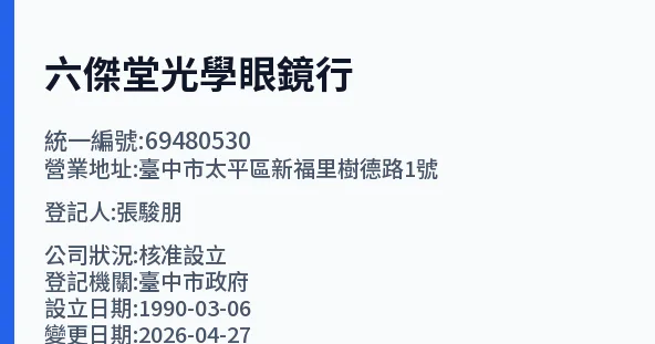 六傑堂光學眼鏡行的照片-統編 69480530(臺中市) 公司登記資料與營業項目詳細圖表