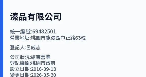 溱品有限公司的照片-統編 69482501(桃園市) 公司登記資料與營業項目詳細圖表