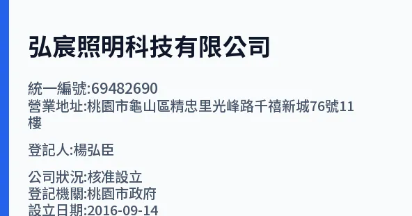 弘宸照明科技有限公司的照片-統編 69482690(桃園市) 公司登記資料與營業項目詳細圖表