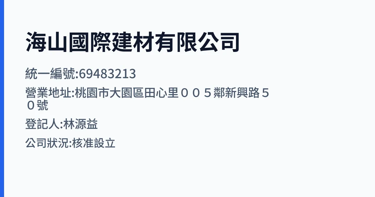 海山國際建材有限公司 - 統編 69483213(桃園市) 公司登記資料與營業項目詳細圖表