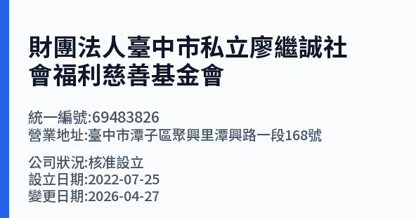 財團法人臺中市私立廖繼誠社會福利慈善基金會的照片-統編 69483826(臺中市) 公司登記資料與營業項目詳細圖表