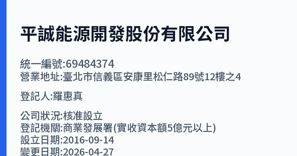 平誠能源開發股份有限公司的照片-統編 69484374(臺北市) 公司登記資料與營業項目詳細圖表