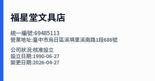 福星堂文具店的照片-統編 69485113(臺中市) 公司登記資料與營業項目詳細圖表