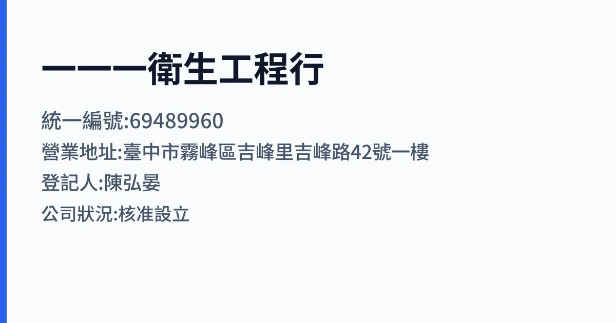 一一一衛生工程行 - 統編 69489960(臺中市) 公司登記資料與營業項目詳細圖表