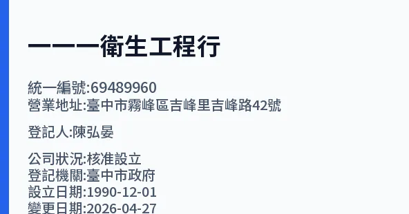 一一一衛生工程行的照片-統編 69489960(臺中市) 公司登記資料與營業項目詳細圖表