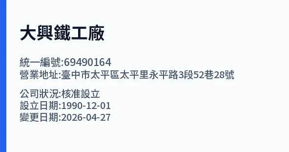 大興鐵工廠的照片-統編 69490164(臺中市) 公司登記資料與營業項目詳細圖表