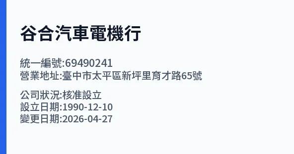 谷合汽車電機行的照片-統編 69490241(臺中市) 公司登記資料與營業項目詳細圖表