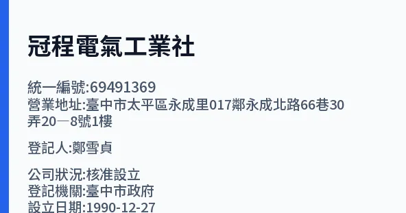 冠程電氣工業社的照片-統編 69491369(臺中市) 公司登記資料與營業項目詳細圖表